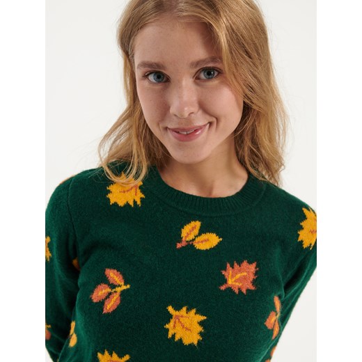 Dzianinowy sweter z motywami liści zielony - Wielobarwny House