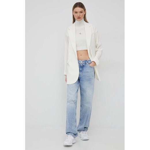 Calvin Klein Jeans kamizelka bawełniana damski kolor beżowy z golfem ...