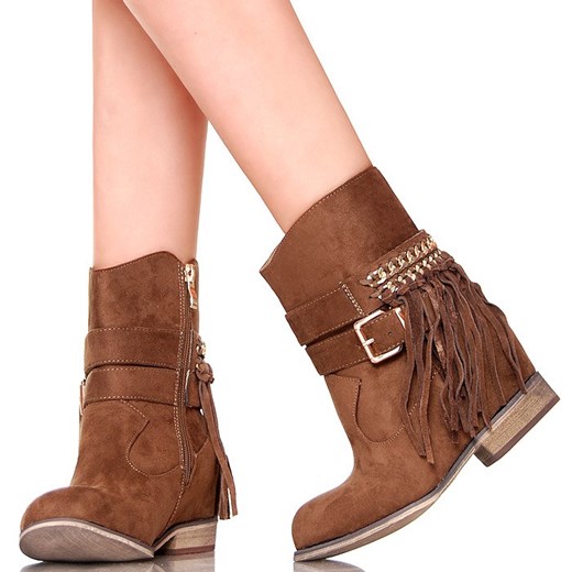 Botki Rude Krótkie Kowbojki Frędzle Koturny buu-pl brazowy