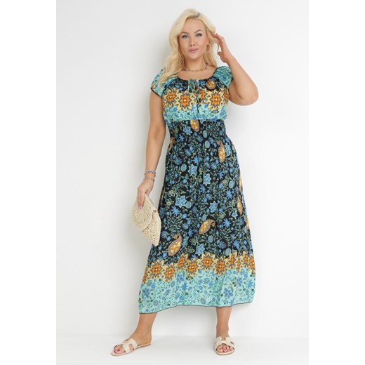 Czarna Bawełniana Sukienka Midi z Hiszpańskim Dekoltem i Gumkami w ...