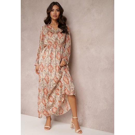 Beżowa Rozkloszowana Sukienka z Błyszczącą Nitką i Sznurkiem Fornid ...
