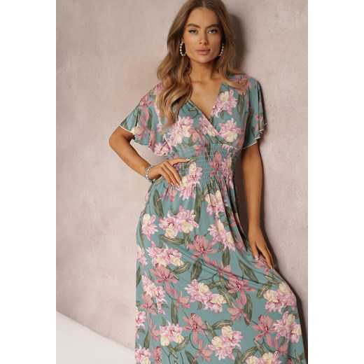 Miętowa Sukienka Maxi z Kopertowym Dekoltem i Gumką w Pasie Snika Renee ...