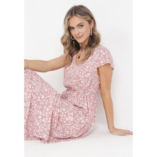 Różowa Wiskozowa Sukienka Maxi ze Ściągaczem i Krótkimi Rękawami Kentle ...