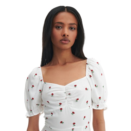 Cropp - Biała sukienka midi w kwiaty Kremowy