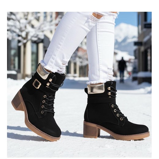 Czarne wiązane botki damskie zimowe /J5-2 18548 W2/ Pantofelek24.pl